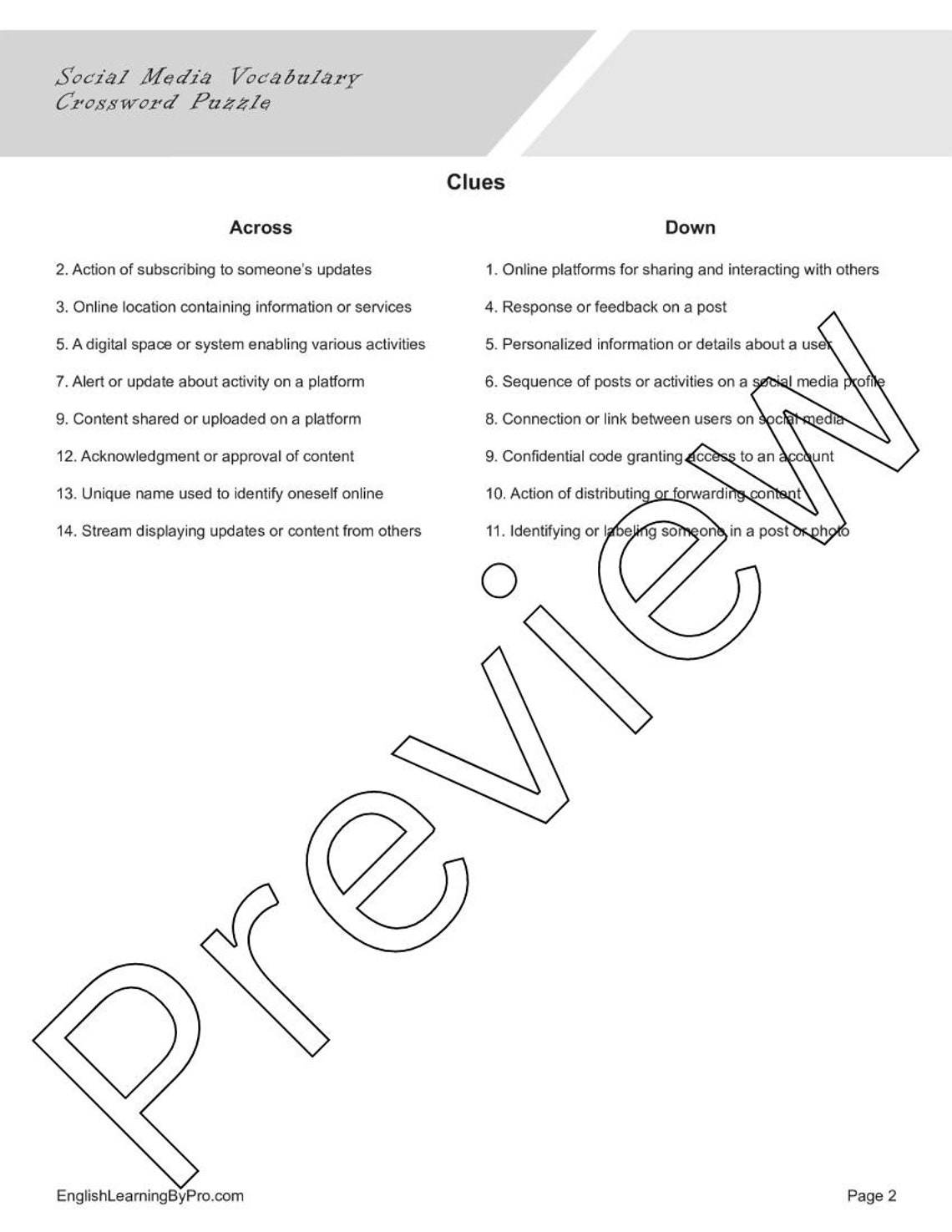 Social Media Vocabulary Crossword Puzzle for English Learners and ...