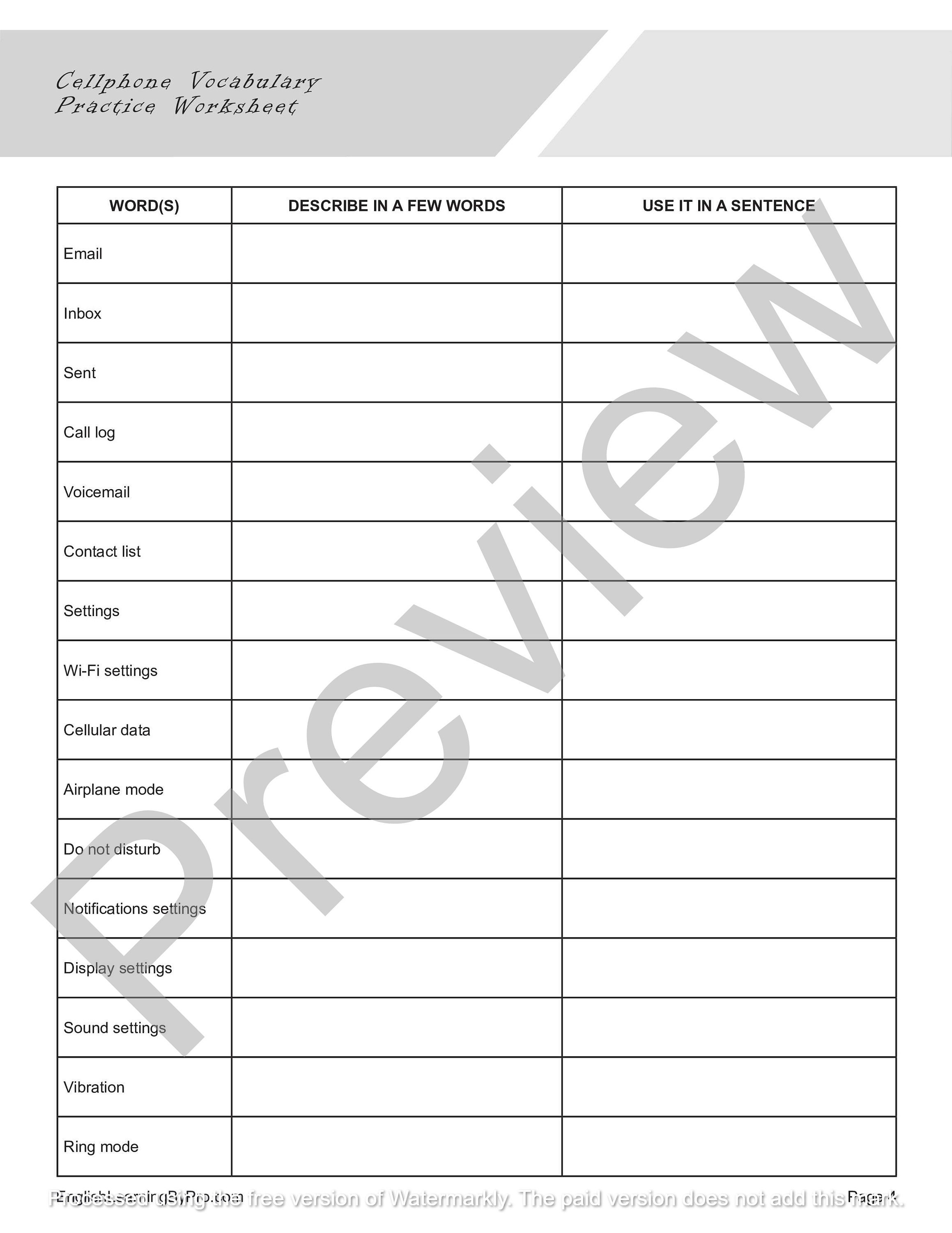 Cellphone Vocabulary Practice Worksheet for English Learners and ...