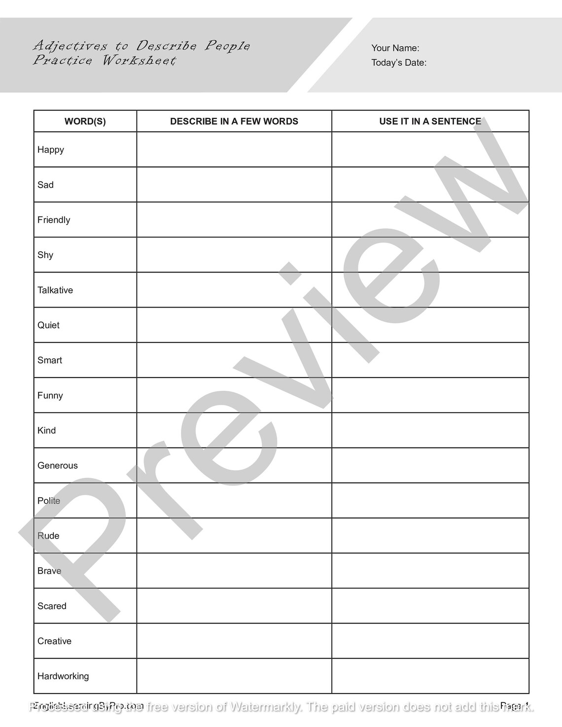 Adjectives to Describe People Worksheet for English Learners and ...