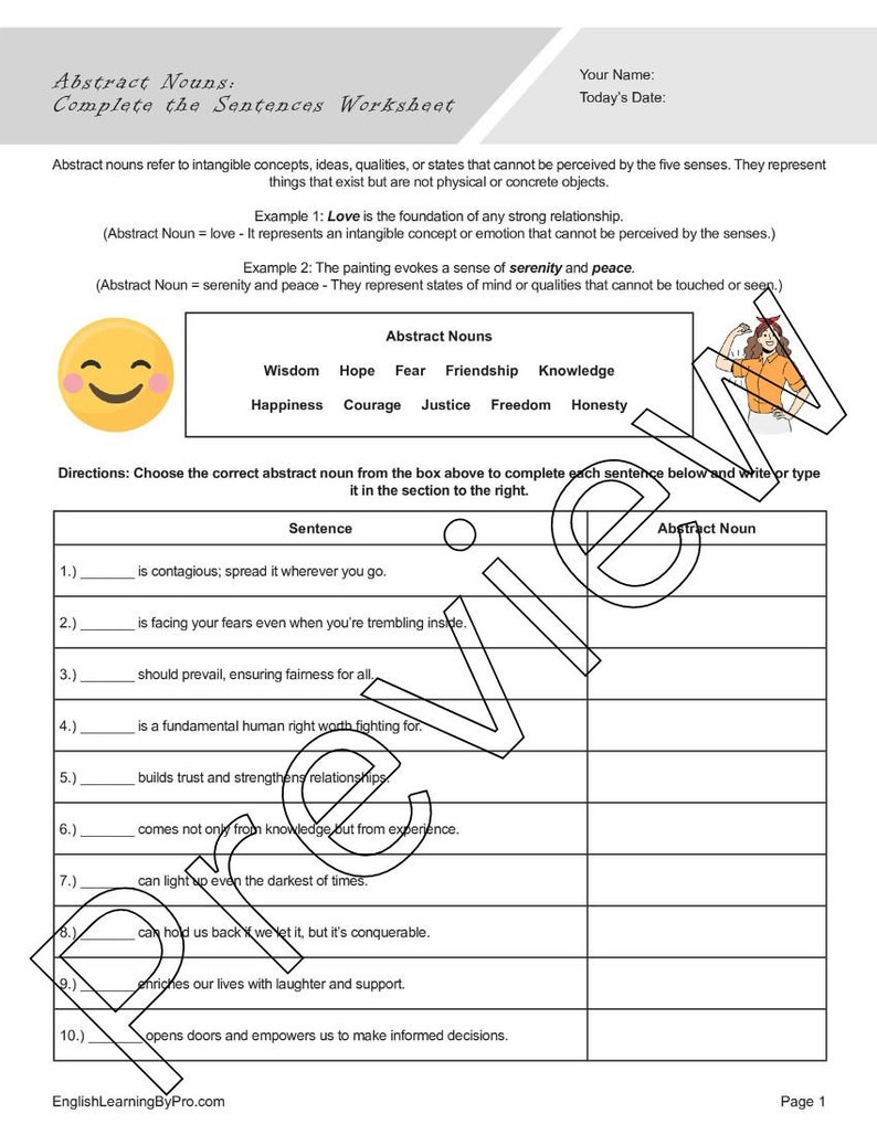 Abstract Nouns Worksheets Bundle for English Learners and English ...