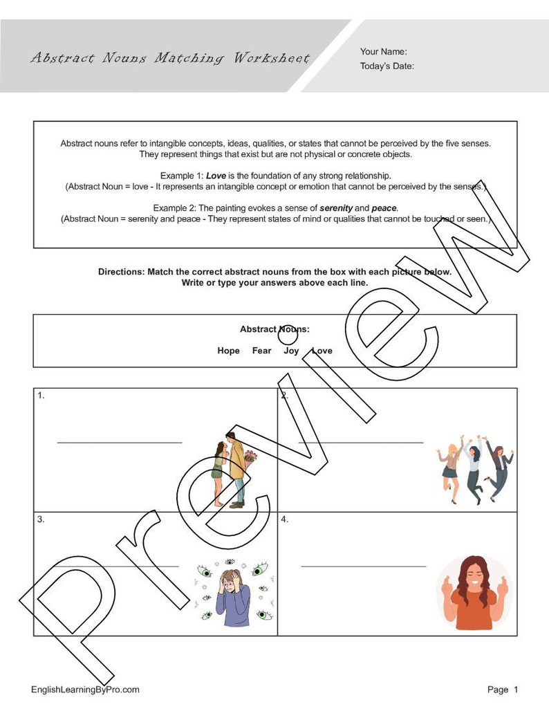 Abstract Nouns Worksheets Bundle for English Learners and English ...