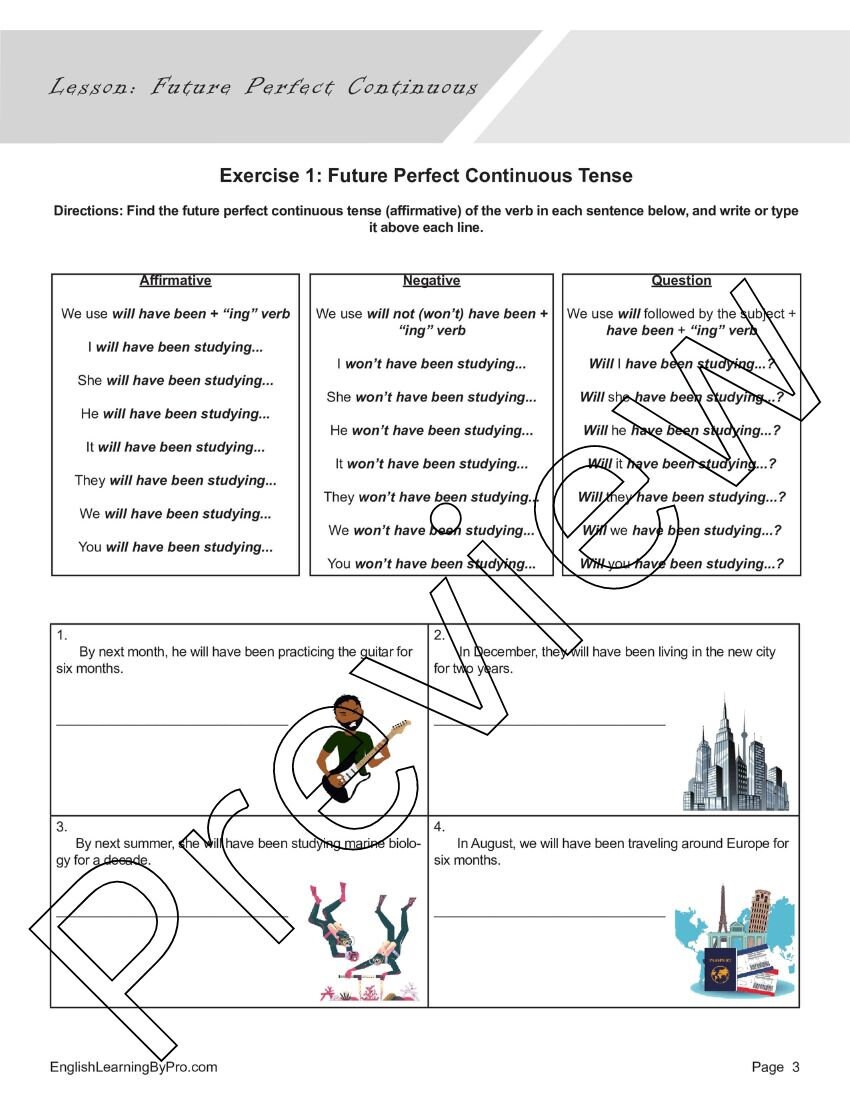 Future Perfect Continuous Tense Verb Lesson: Introduction 3 Worksheets ...