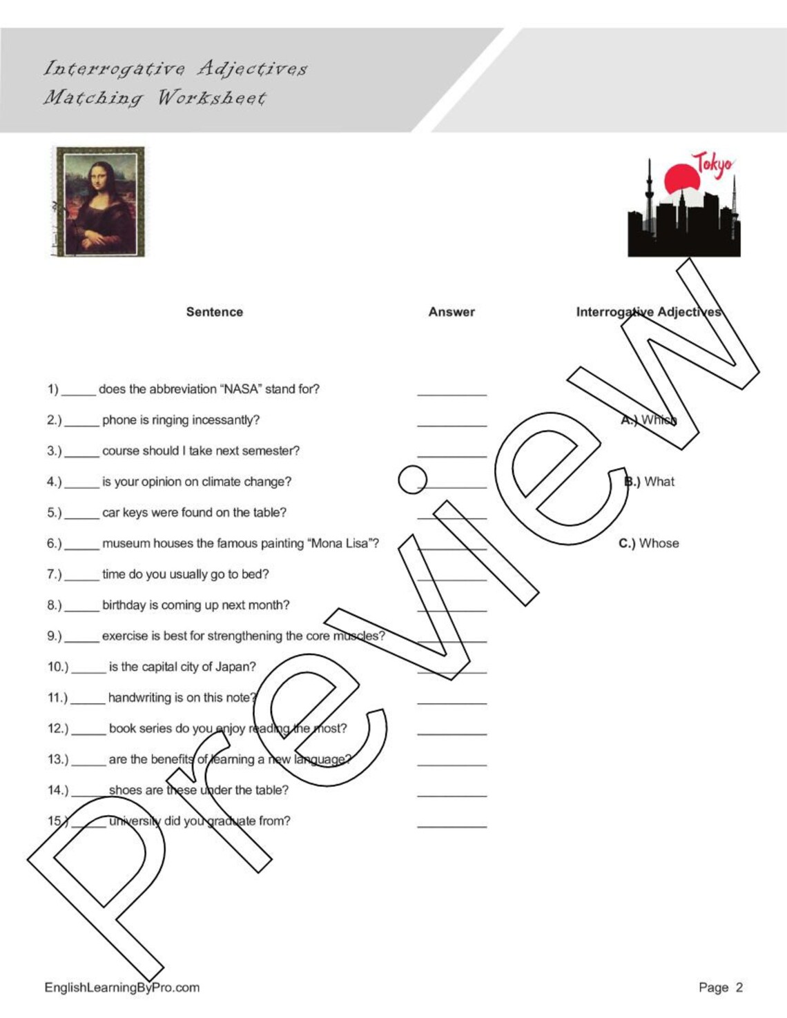 Interrogative Adjectives Worksheets Bundle for English Learners and ...