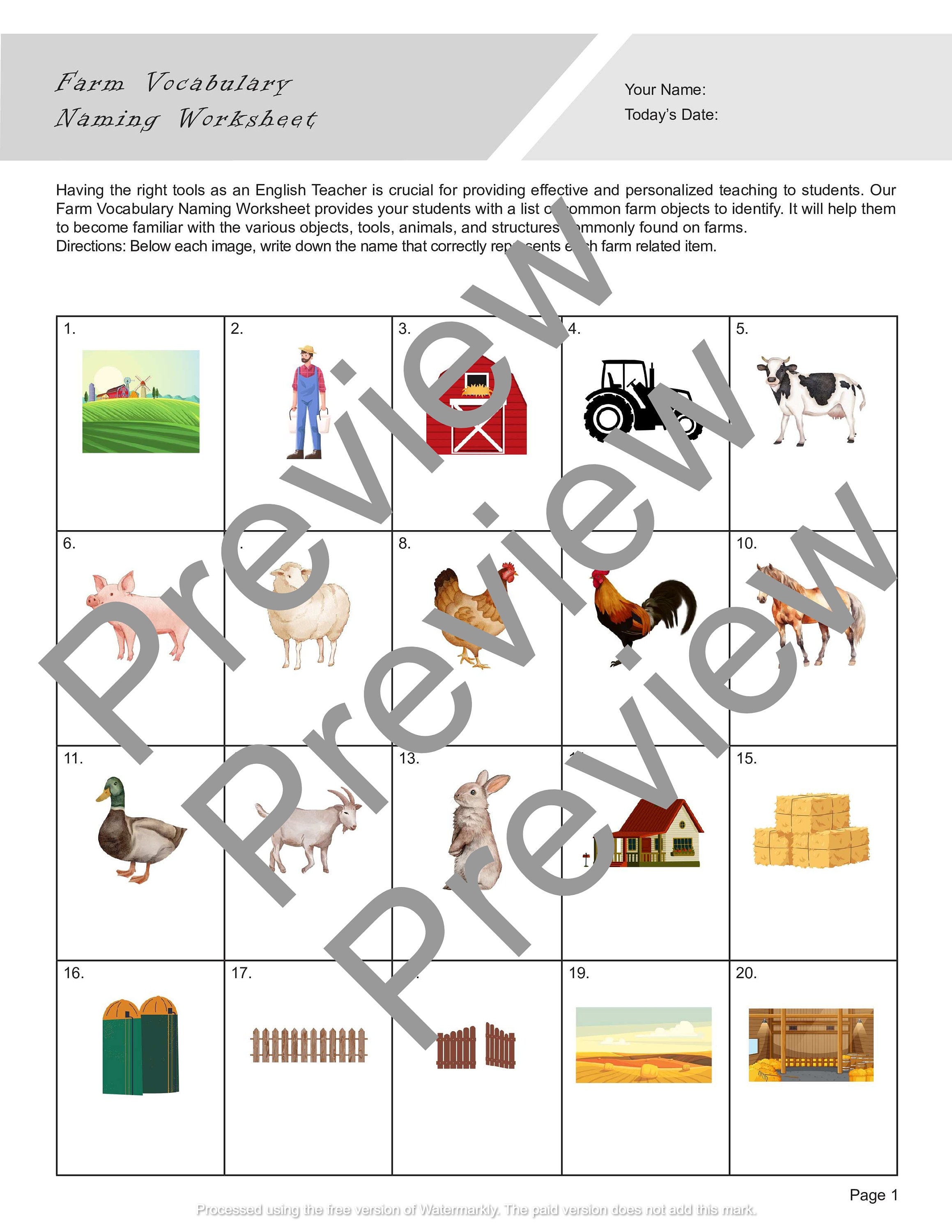 Farm Vocabulary Naming Worksheet for English Learners and English ...