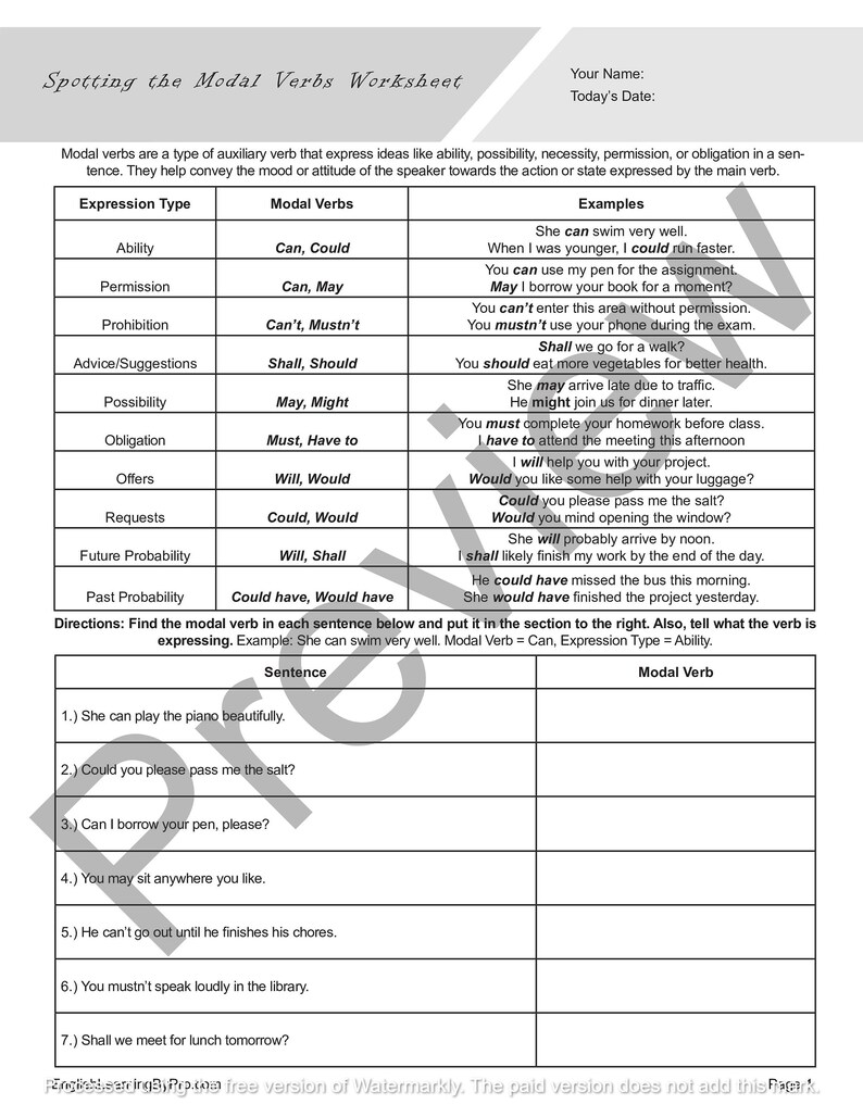 Modal Verbs Worksheets Bundle for English Learners and English Teachers ...