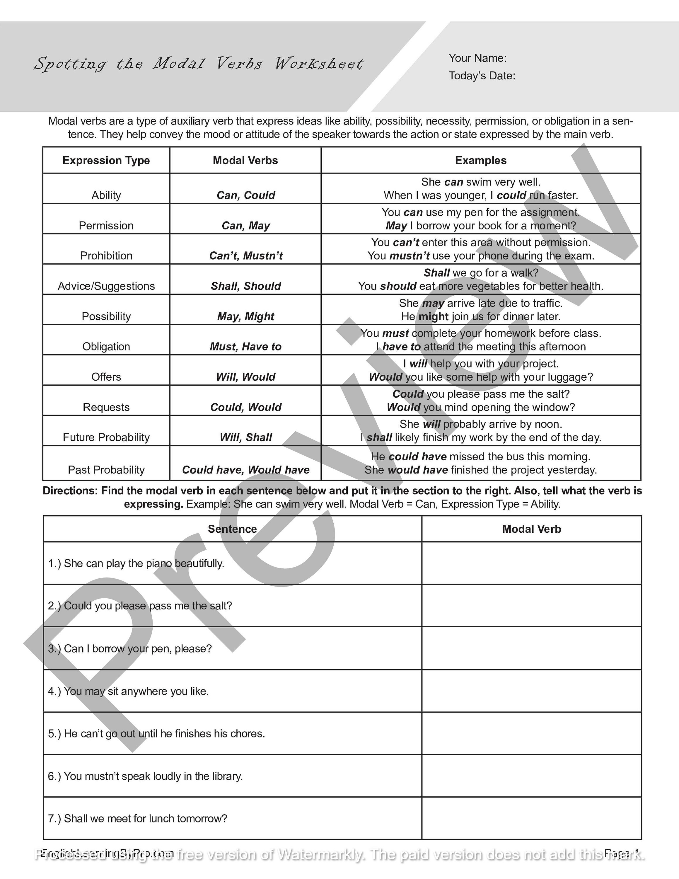 Modal Verbs Worksheets Bundle for English Learners and English Teachers ...