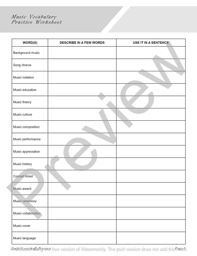 Music Vocabulary Practice Worksheet for English Learners and English ...