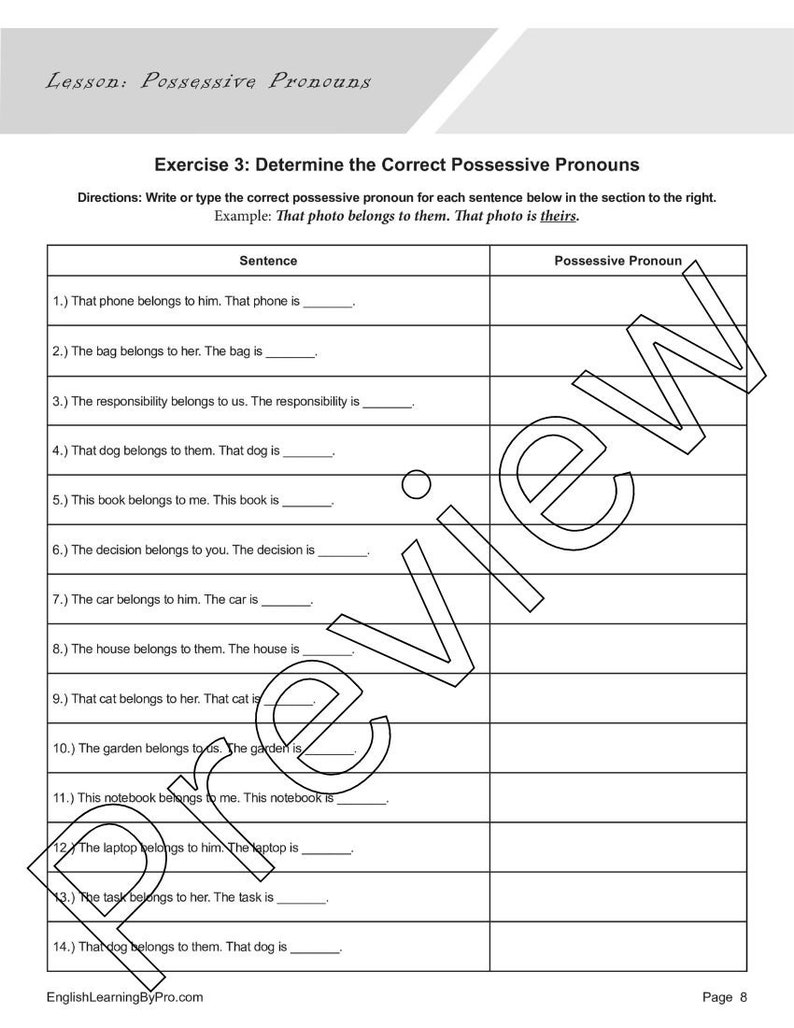 Possessive Pronouns Lesson: Introduction + 3 Worksheets (editable ...