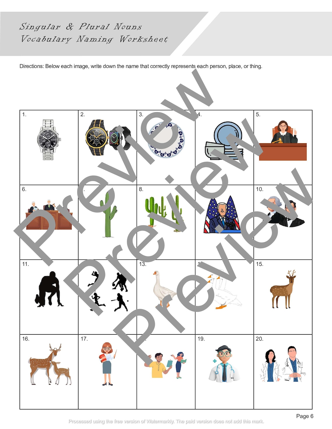 Singular and Plural Nouns Vocabulary Naming Worksheet for English ...