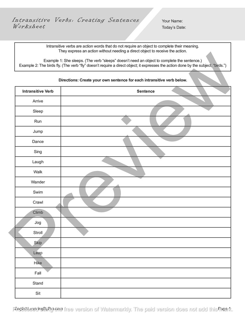 Intransitive Verbs Worksheets Bundle for English Learners and English ...