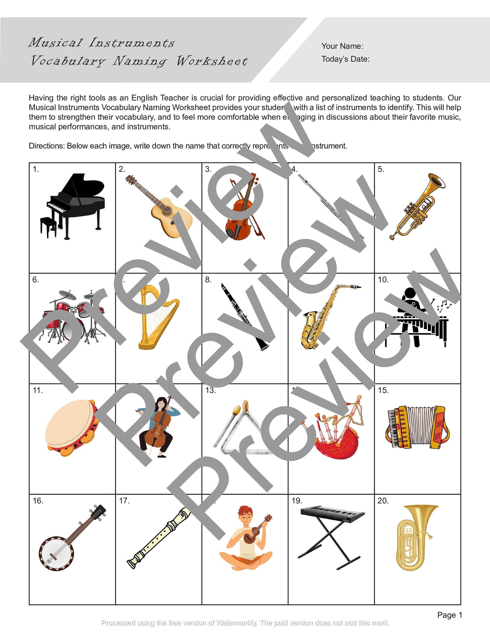 Musical Instruments Vocabulary Naming Worksheet for English Learners ...