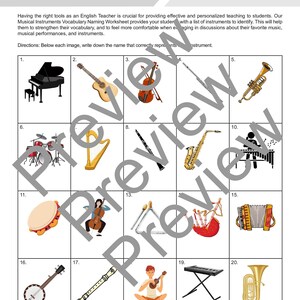 Musical Instruments Vocabulary Naming Worksheet for English Learners ...
