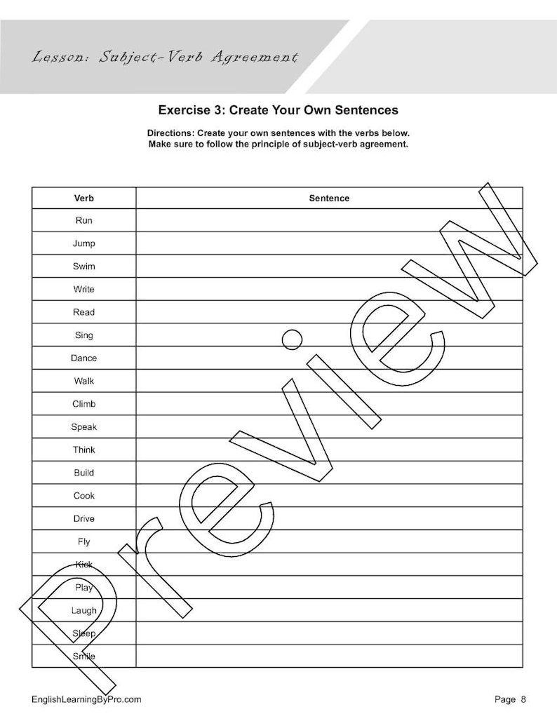Subject-verb Agreement Lesson: Introduction + 3 Worksheets (editable ...