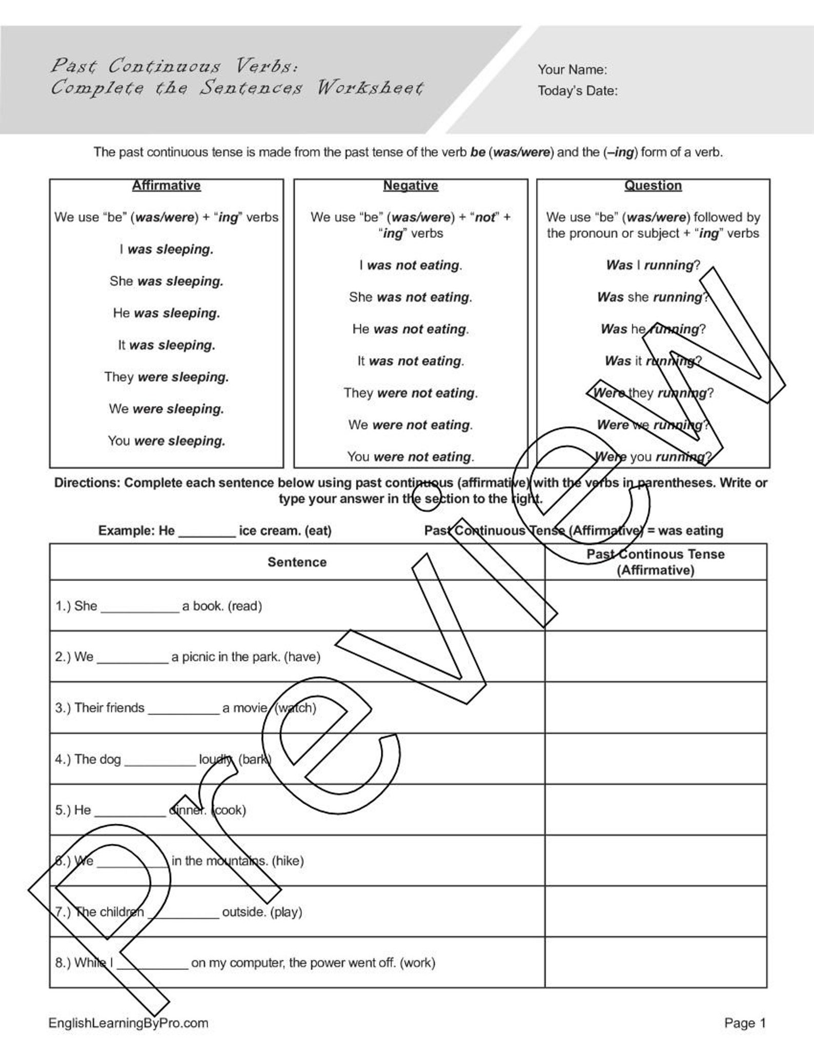 Past Continuous Verbs Worksheets Bundle for English Learners and ...
