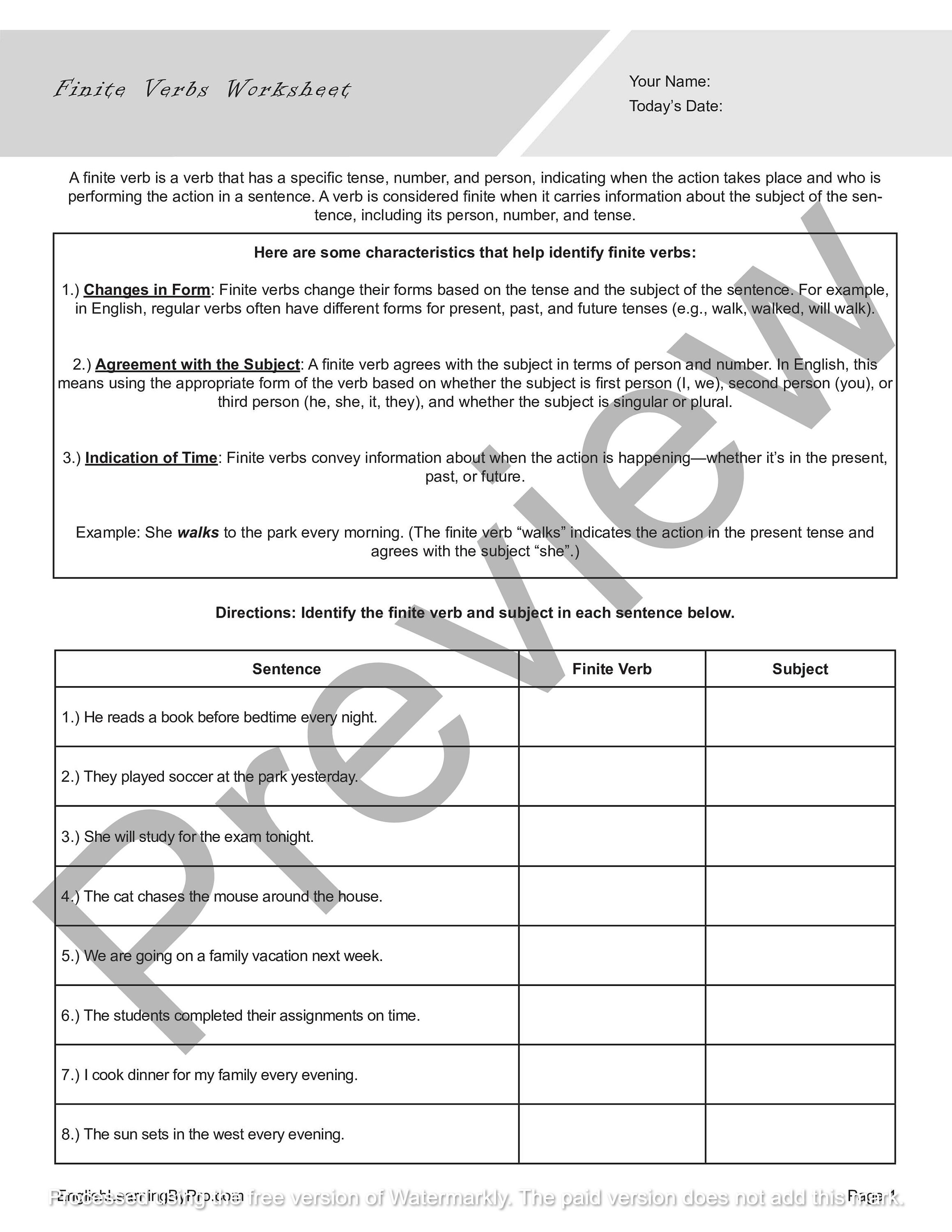Finite Verbs Worksheet for English Learners and English Teachers ...