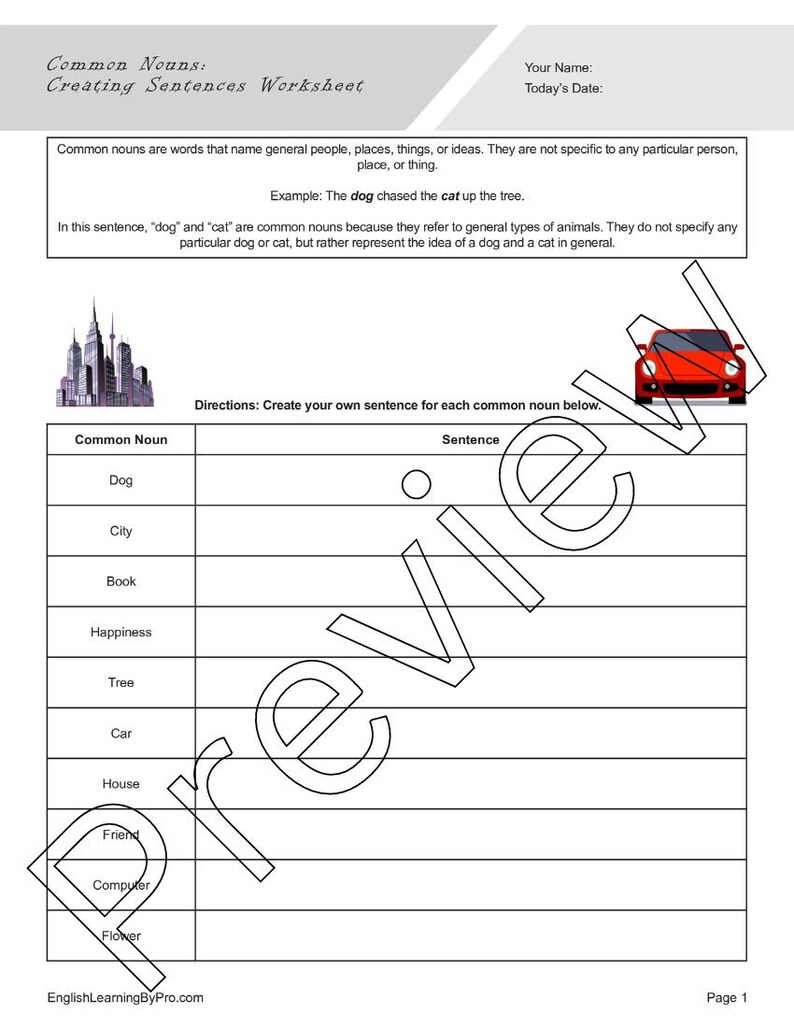 Common Nouns Worksheets Bundle for English Learners and English ...