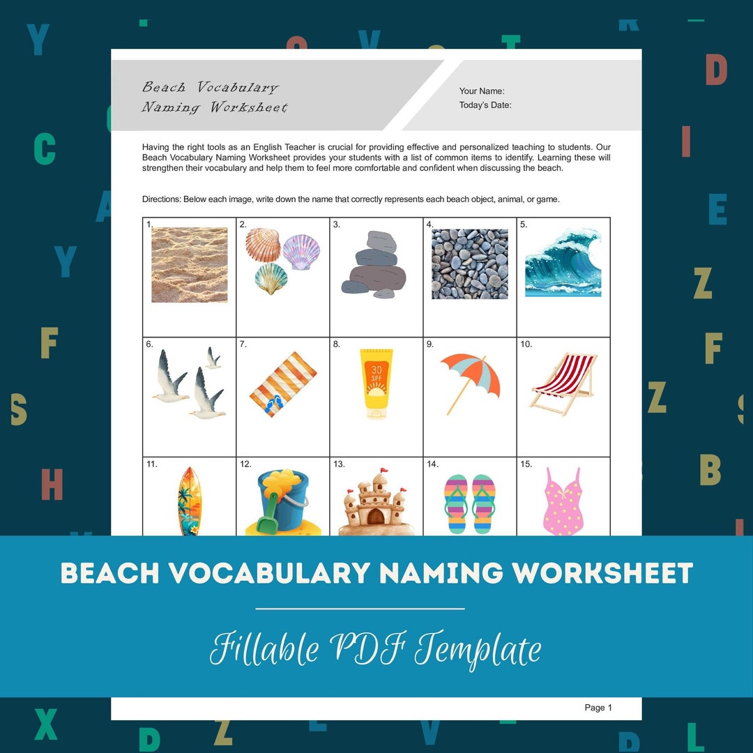 Beach Vocabulary Naming Worksheet for English Learners and English ...
