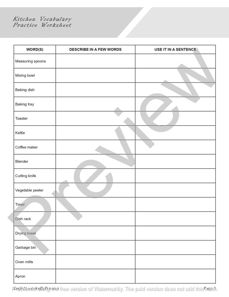Kitchen Vocabulary Practice Worksheet for English Learners and English ...