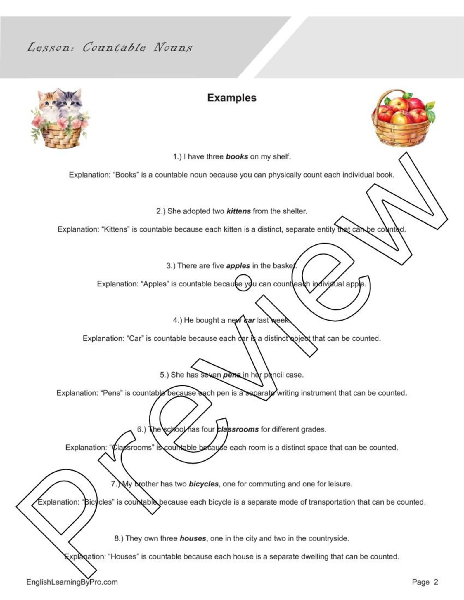 Countable Nouns Lesson: Introduction 4 Worksheets editable, Fillable ...