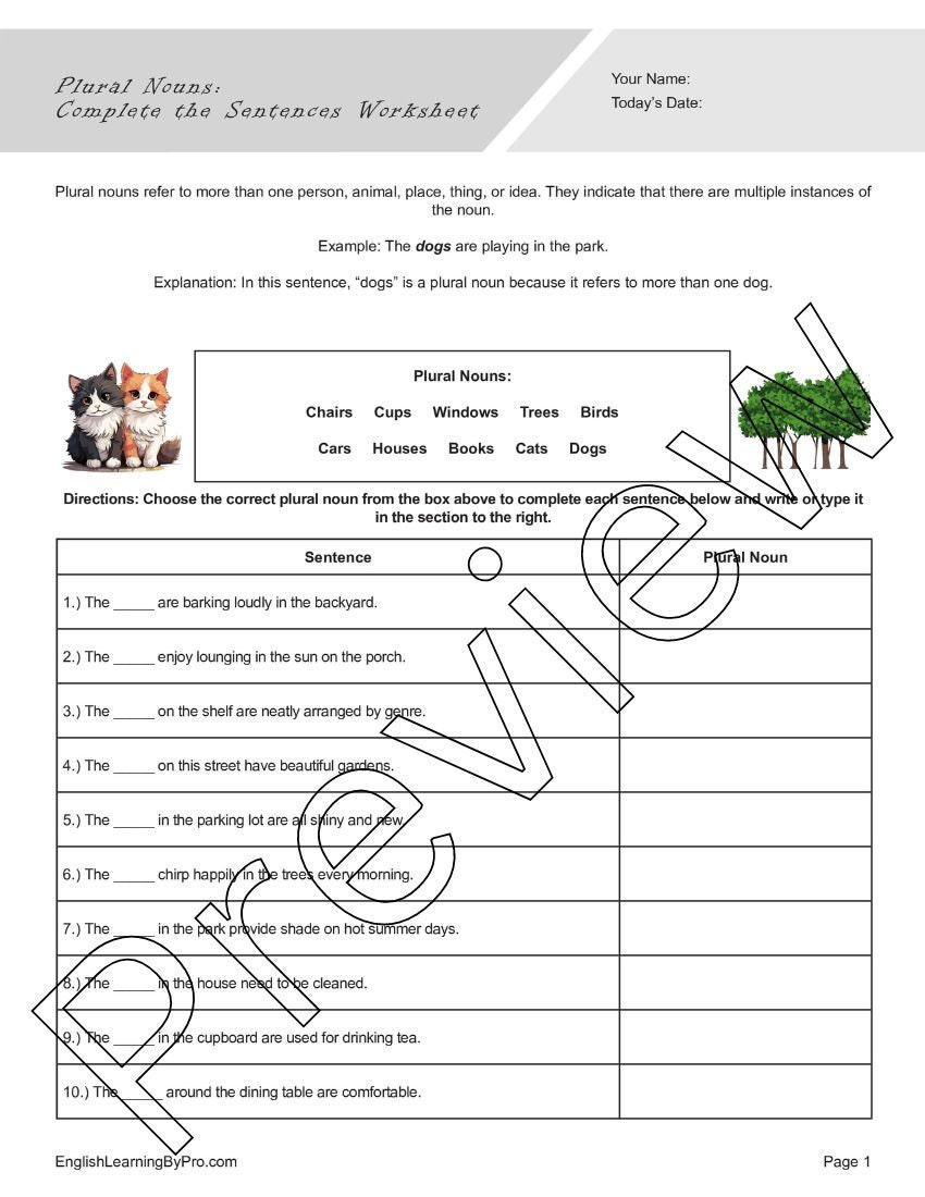 Plural Nouns Worksheets Bundle for English Learners and English ...