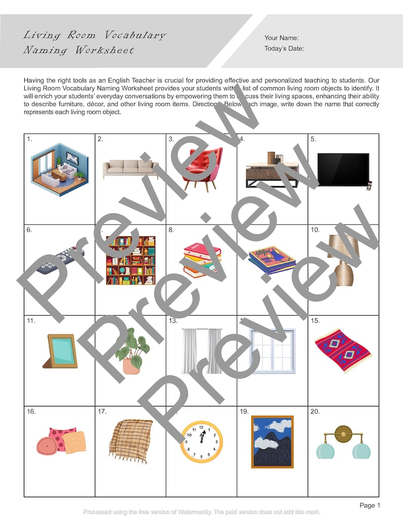 Living Room Vocabulary Naming Worksheet for English Learners and ...