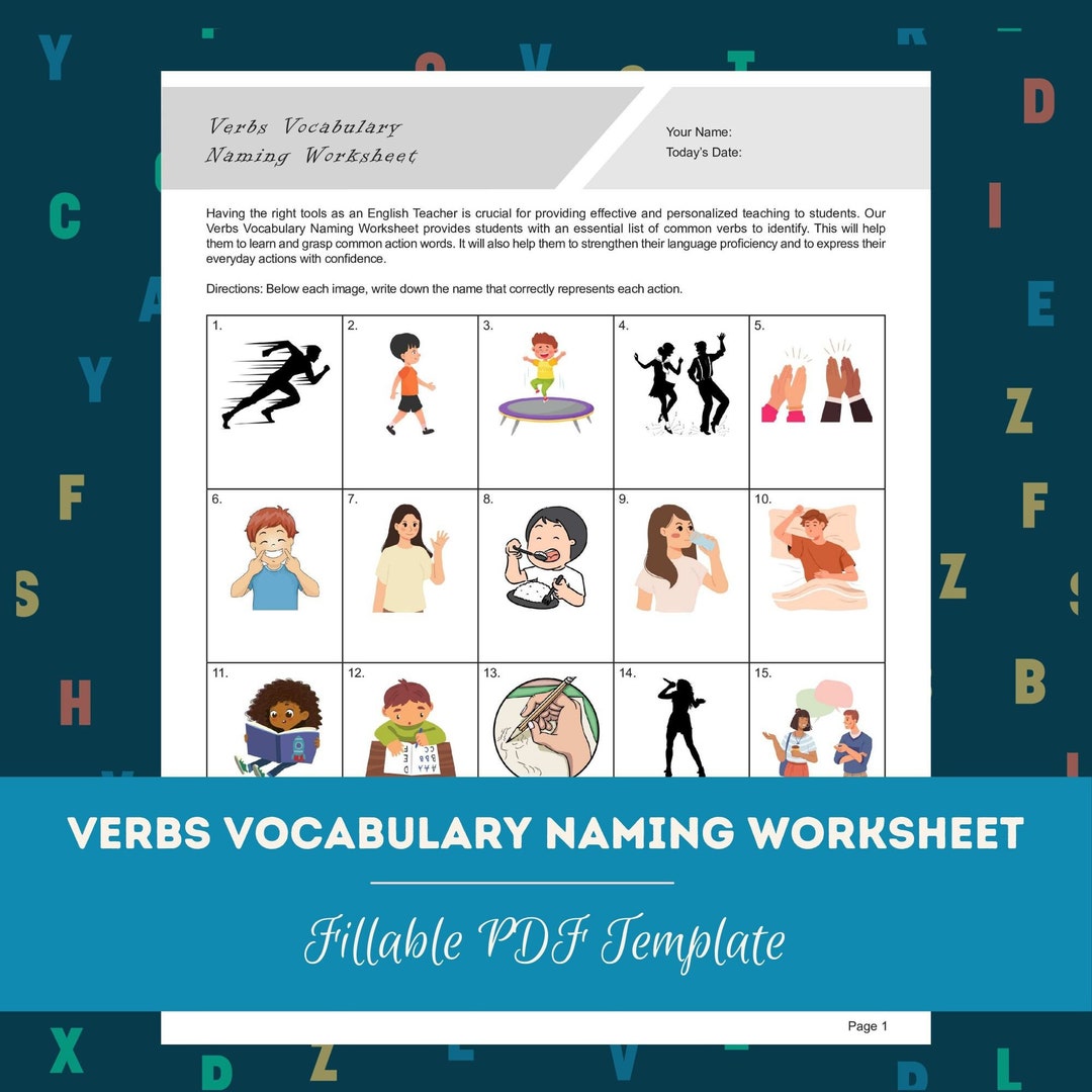 Verbs Vocabulary Naming Worksheet for English Learners and English ...