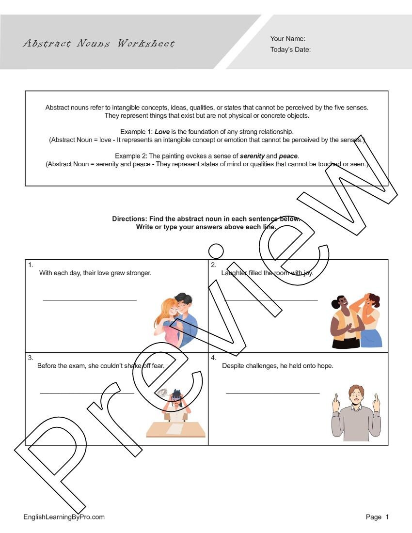 Abstract Nouns Worksheets Bundle for English Learners and English ...