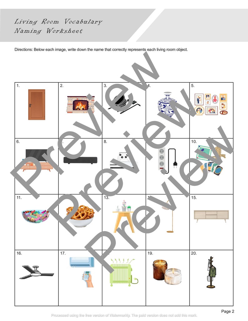 Living Room Vocabulary Naming Worksheet for English Learners and ...