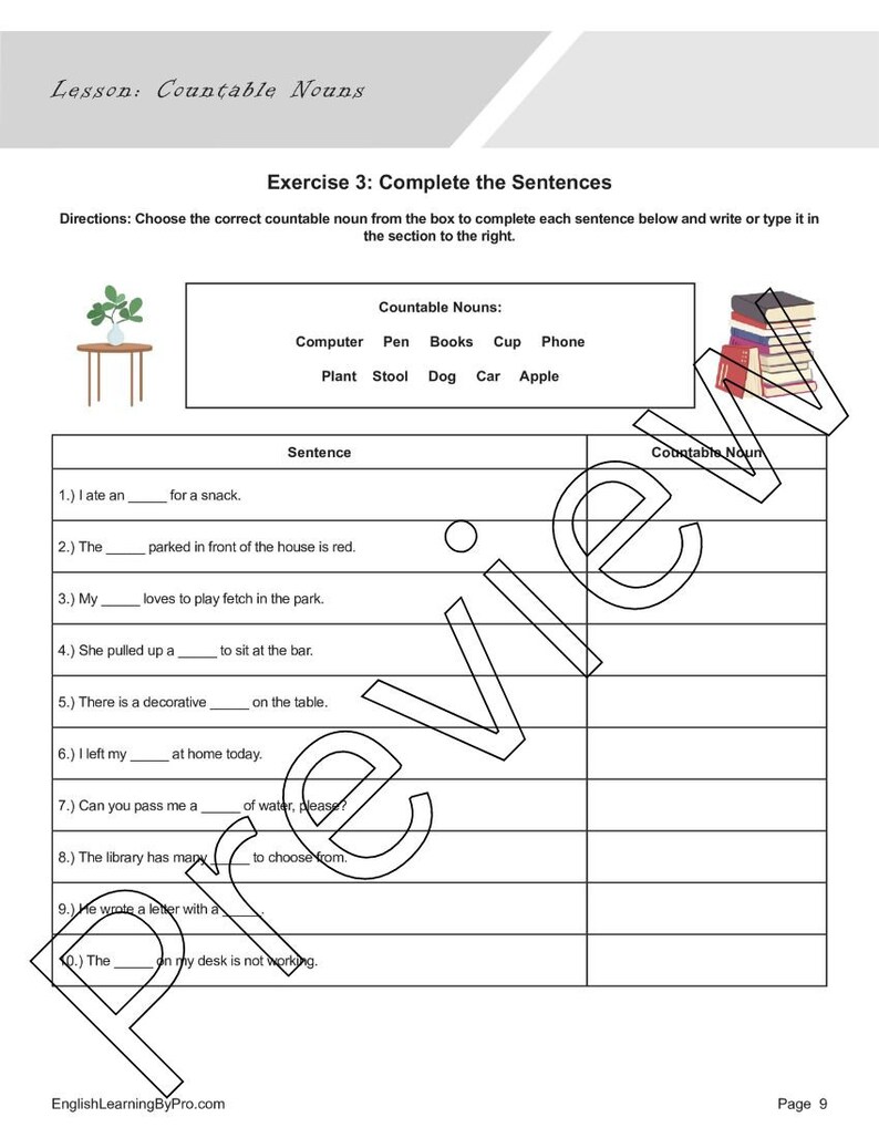Countable Nouns Lesson: Introduction + 4 Worksheets (editable, Fillable ...