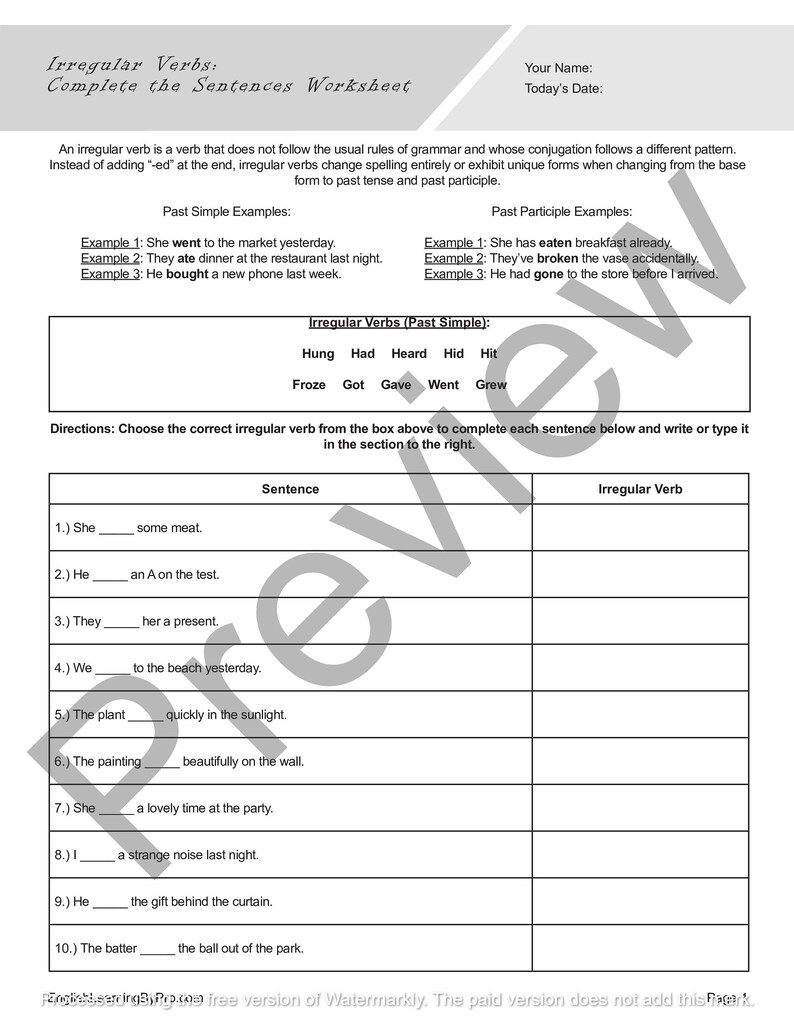 Irregular Verbs Worksheets Bundle for English Learners and English ...