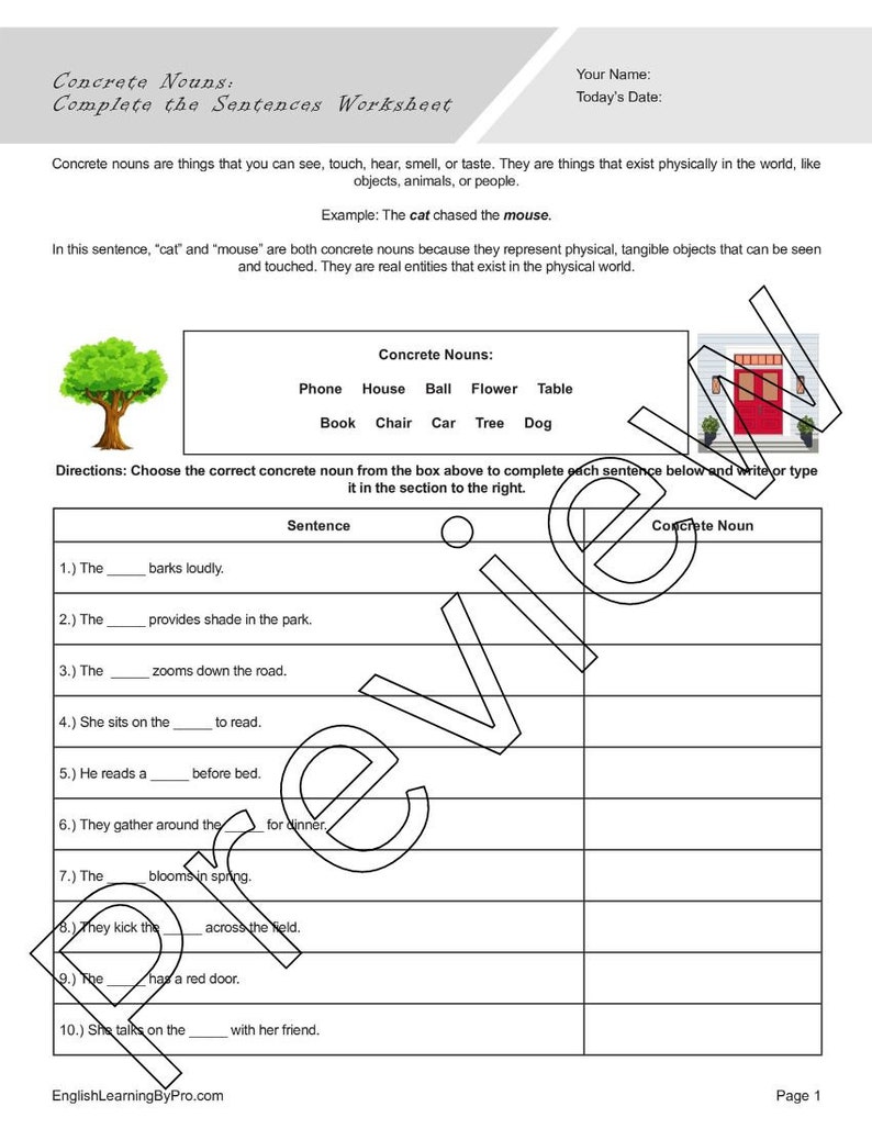 Concrete Nouns Worksheets Bundle for English Learners and English ...