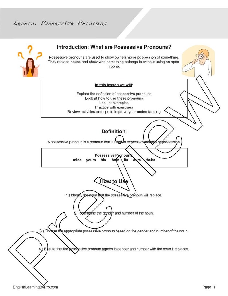 Possessive Pronouns Lesson: Introduction + 3 Worksheets (editable ...
