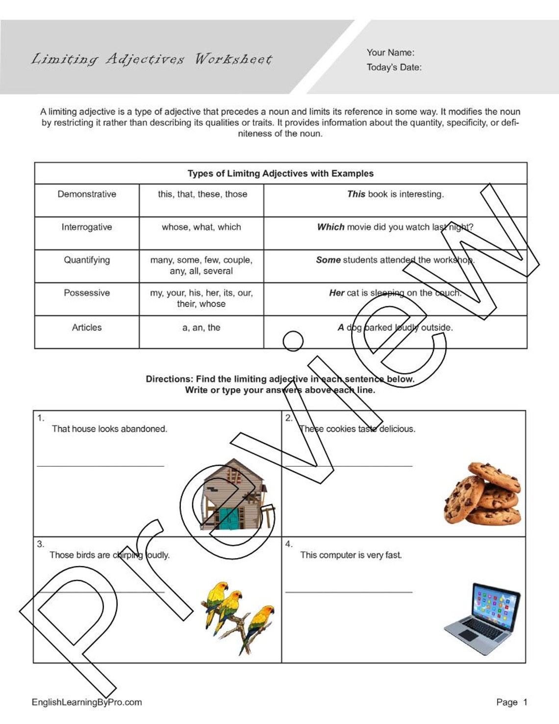 Limiting Adjectives Worksheets Bundle for English Learners and English ...