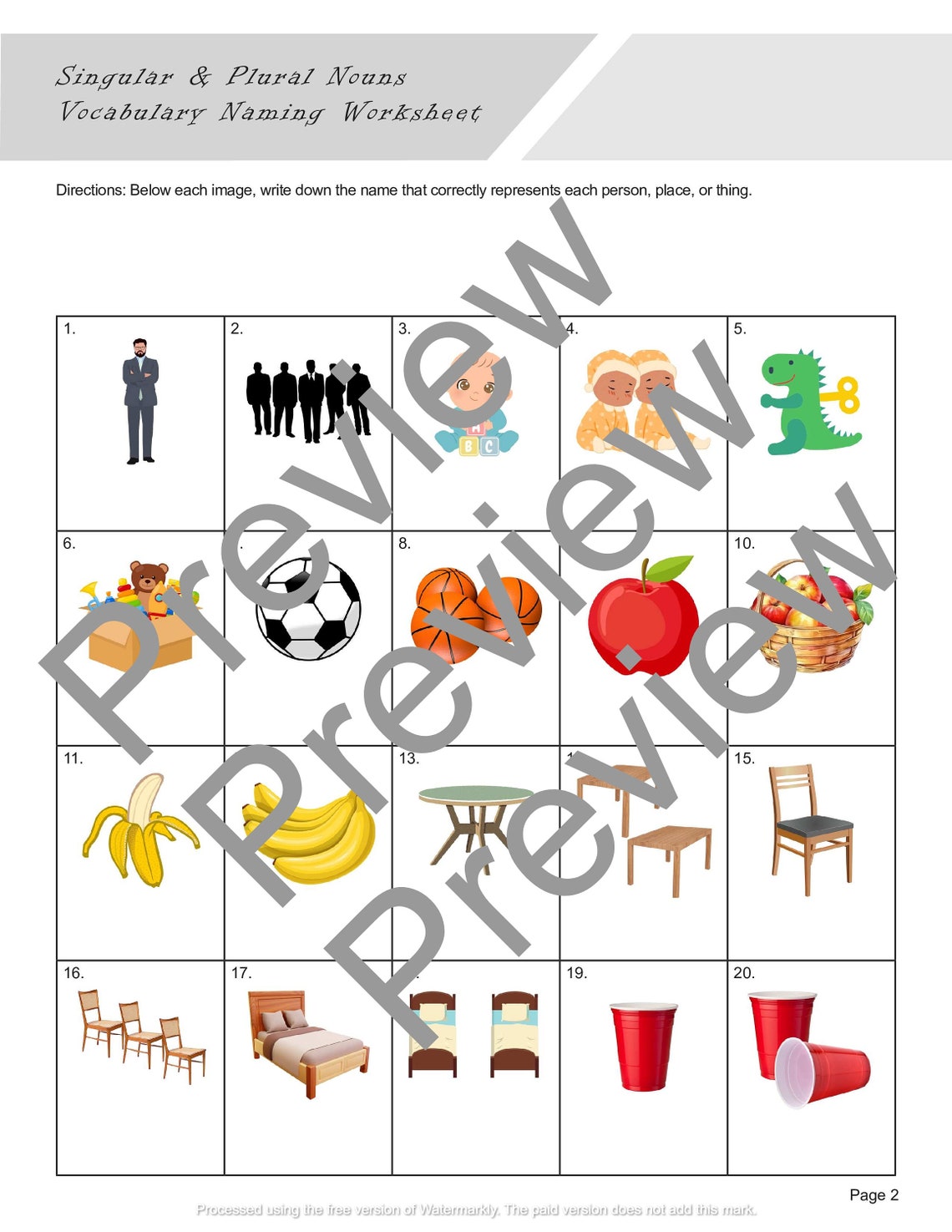 Singular and Plural Nouns Vocabulary Naming Worksheet for English ...