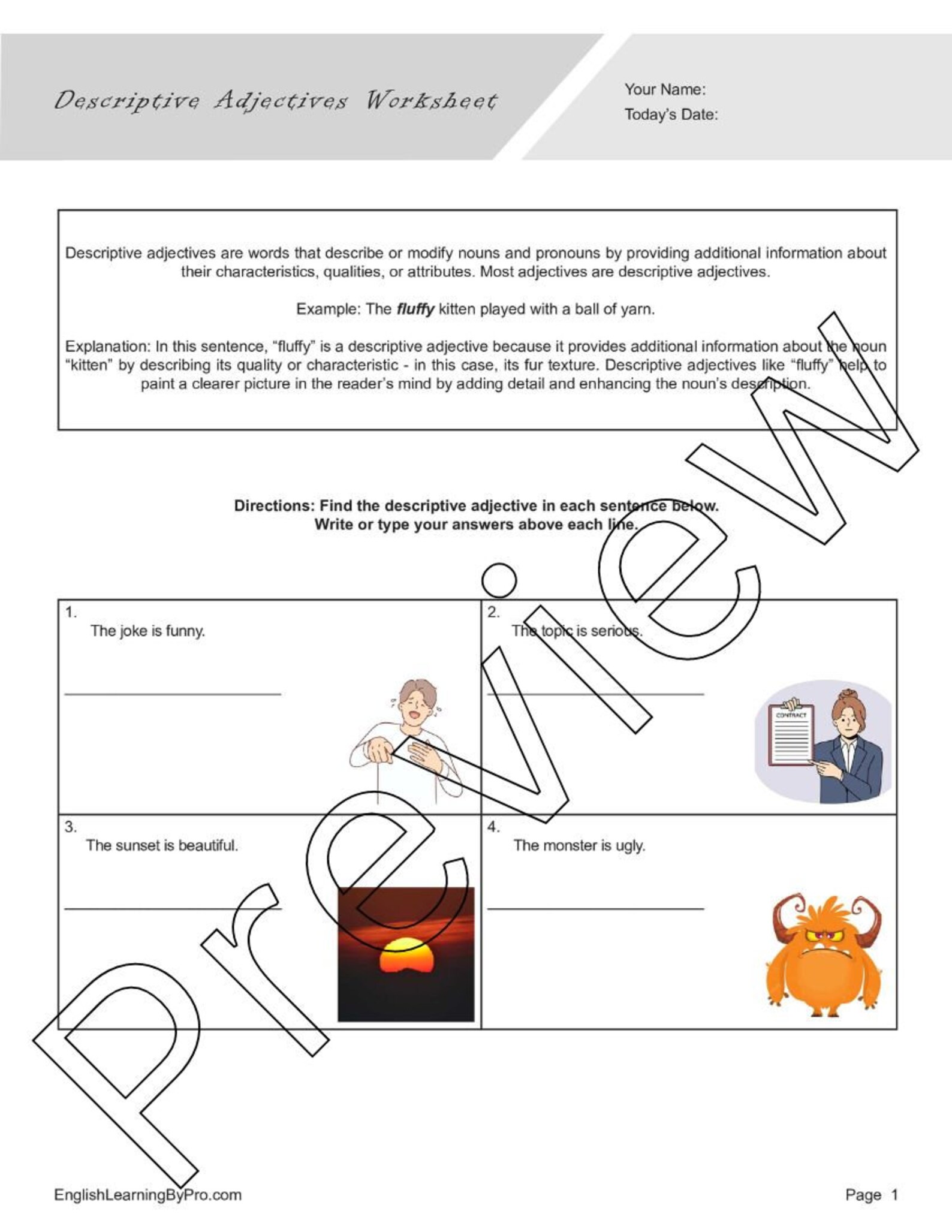 Descriptive Adjectives Worksheets Bundle for English Learners and ...