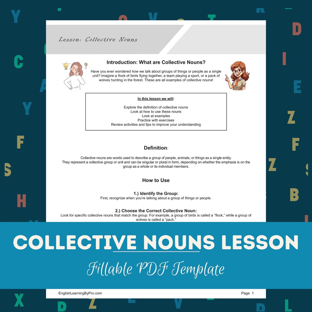 Collective Nouns Lesson: Introduction 4 Worksheets editable, Fillable ...