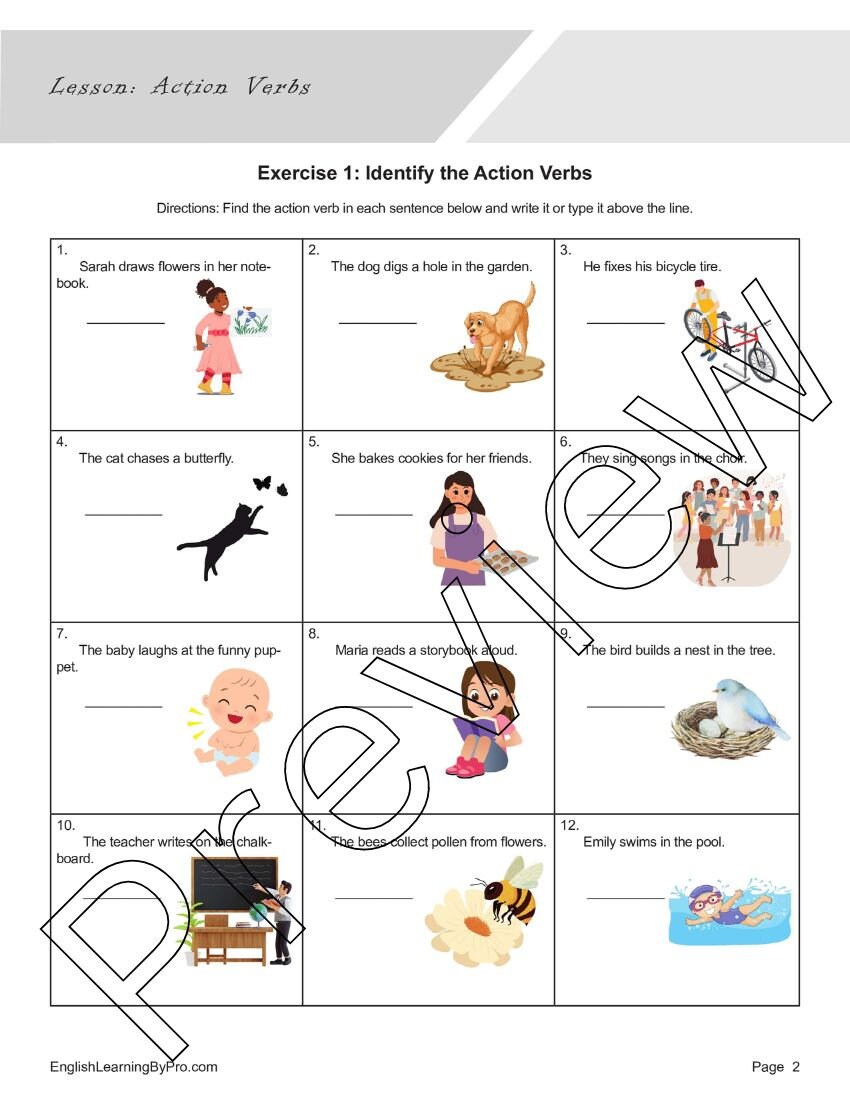 Action Verbs Lesson: Introduction + 4 Worksheets (editable, Fillable ...