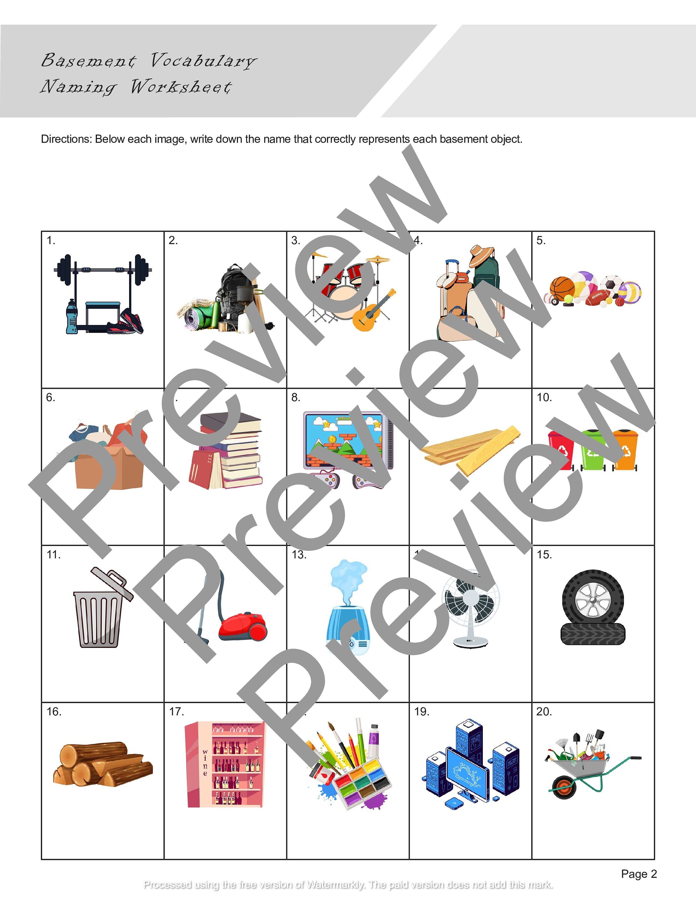 Basement Vocabulary Naming Worksheet for English Learners and English ...
