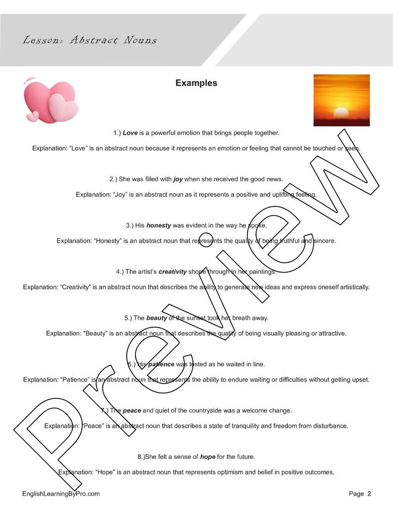 Abstract Nouns Lesson: Introduction + 4 Worksheets (editable, Fillable ...