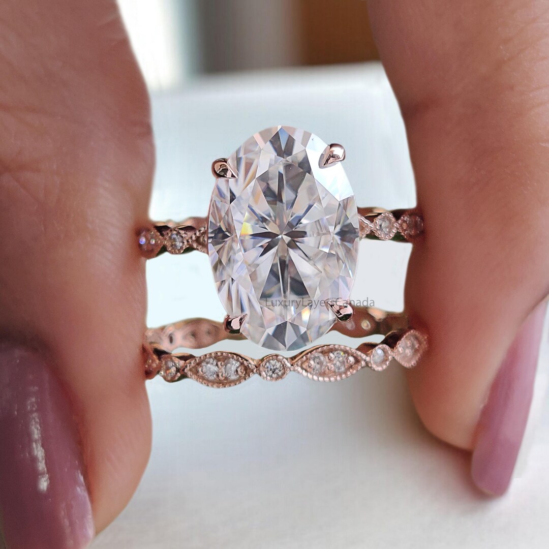Wedding Ring Set Moissanite Rose Gold Engagement Ring Oval 12X8 Mm ...