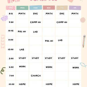 Weekly Editable Schedule. Printable Class Schedule. Poster Size. Girly ...