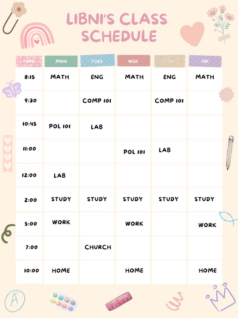 Weekly Editable Schedule. Printable Class Schedule. Poster Size. Girly ...