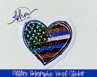 Thin Blue Line Heart Flag Vinyl Decal - Glittery Holographic Waterproof ...