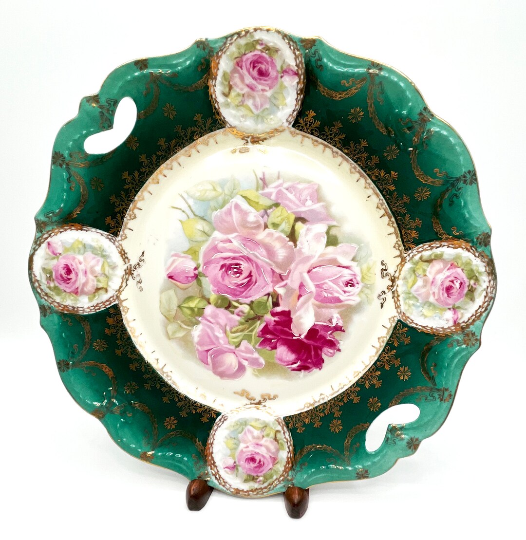 1909 Prov Saxe Germany Porcelain Green Decorative Plate With Pink Roses ...