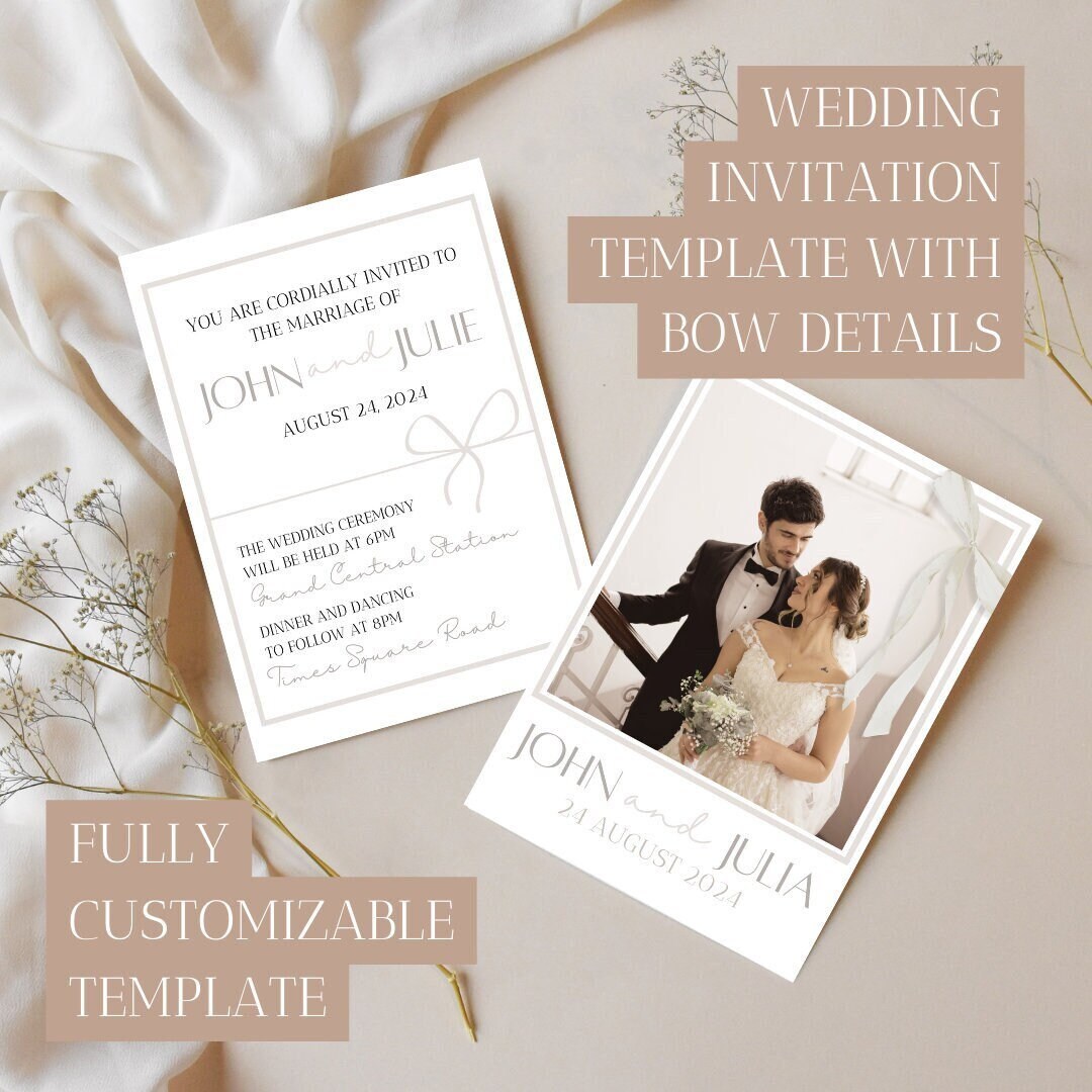 Bow Wedding Invitation Template- Vintage Wedding Invitations Wedding ...