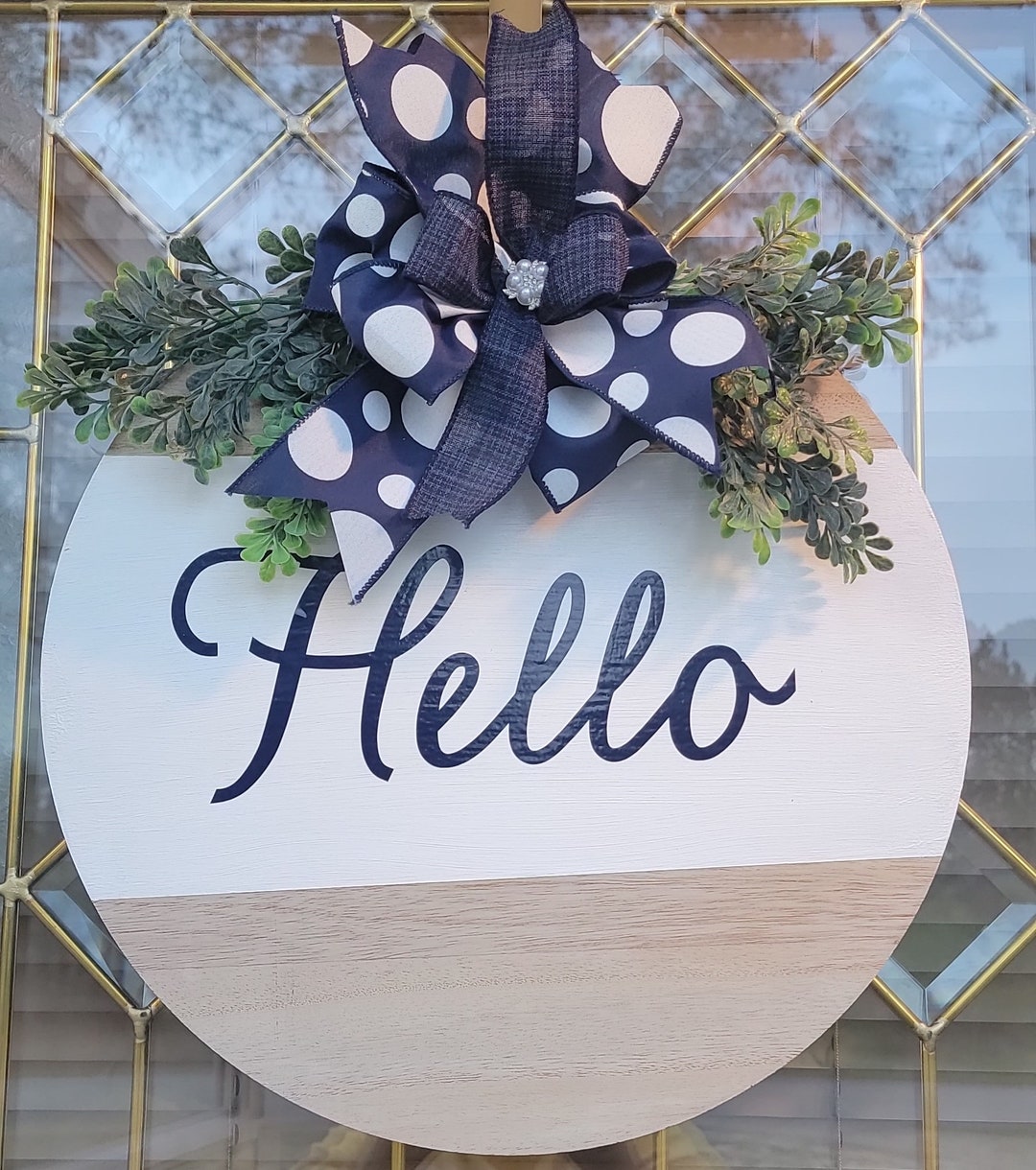 Hello Round Wood Door Sign-navy Blue - Etsy