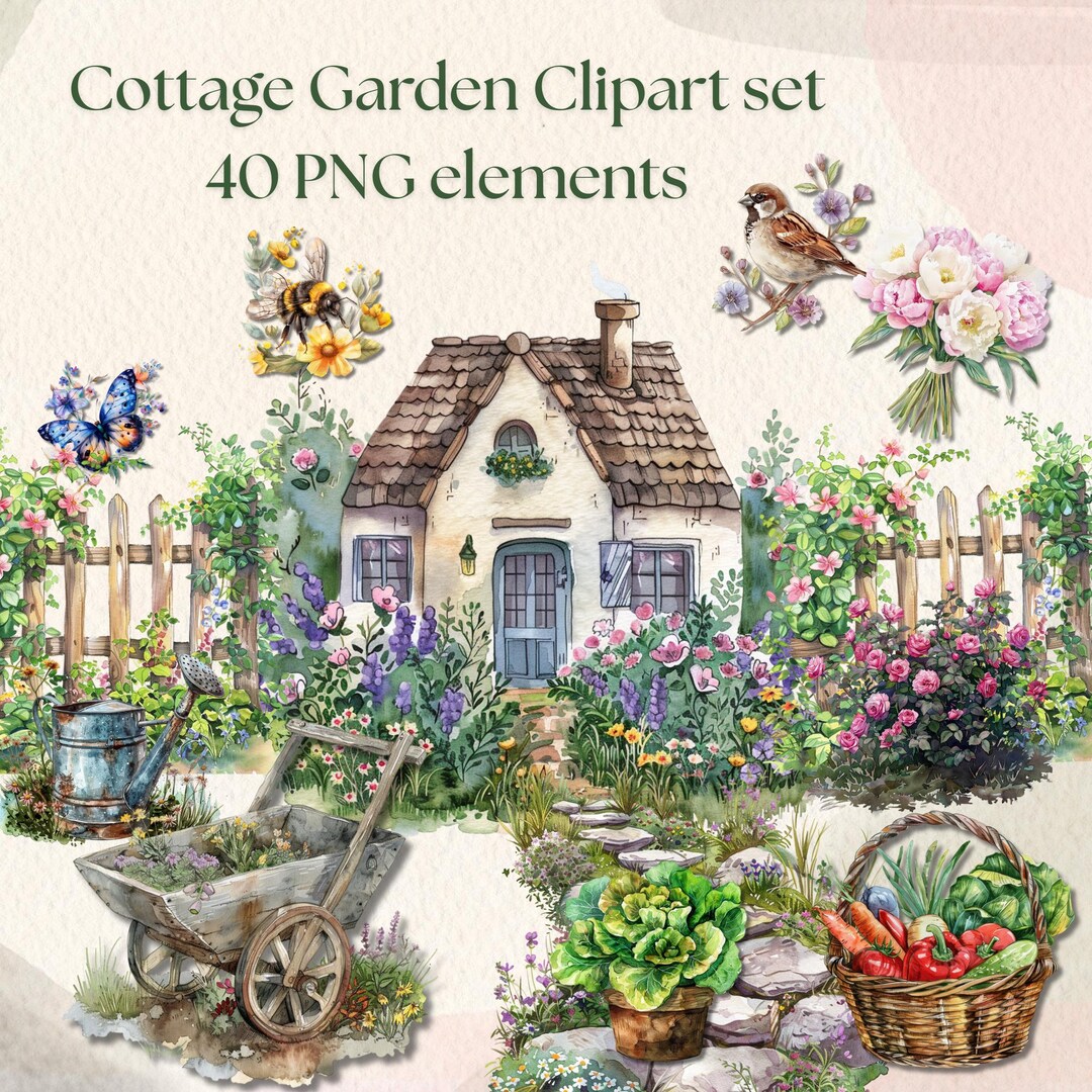 Cottage Garden Clipart Set – Watercolor Spring Garden, Flowers ...