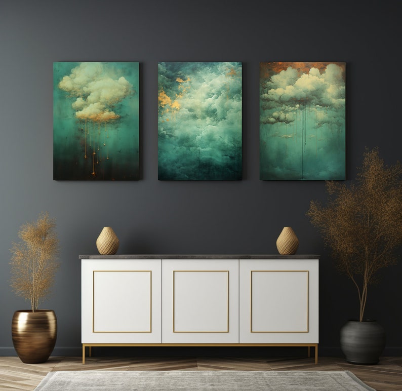 Serene Aqua Clouds - Triptych Abstract Art, Teal Gold Wall Decor ...
