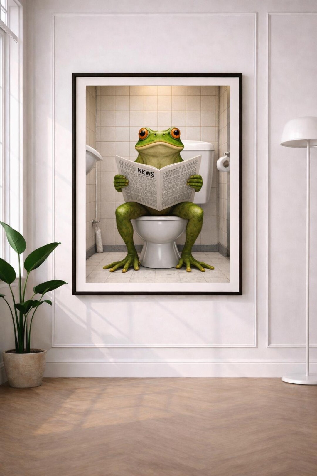 Frog Reading Newspaper Bathroom Print | Humorous Toilet Art (digital ...