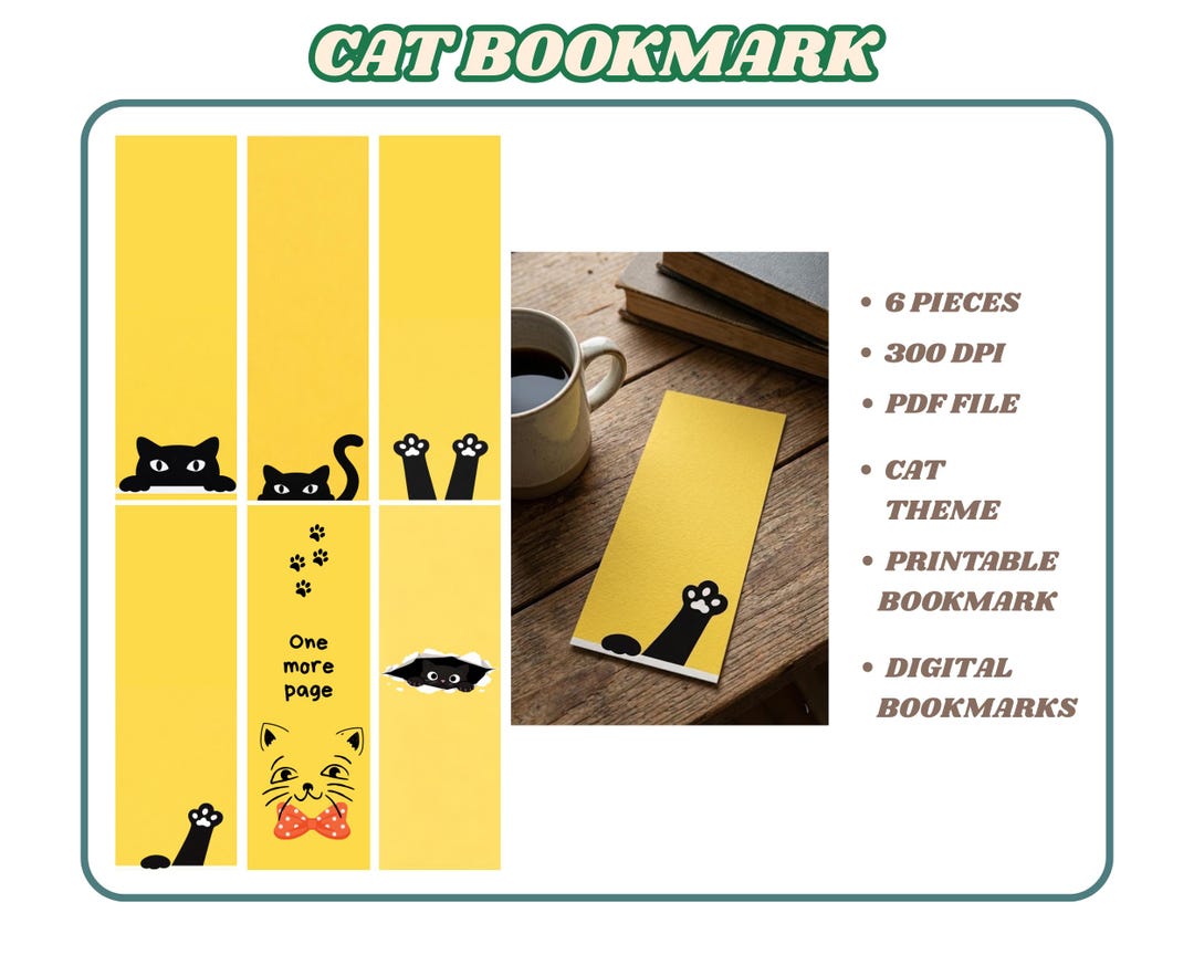 Cat on Books Printable Bookmarks, Kitten Bookmark Set (digital Download ...